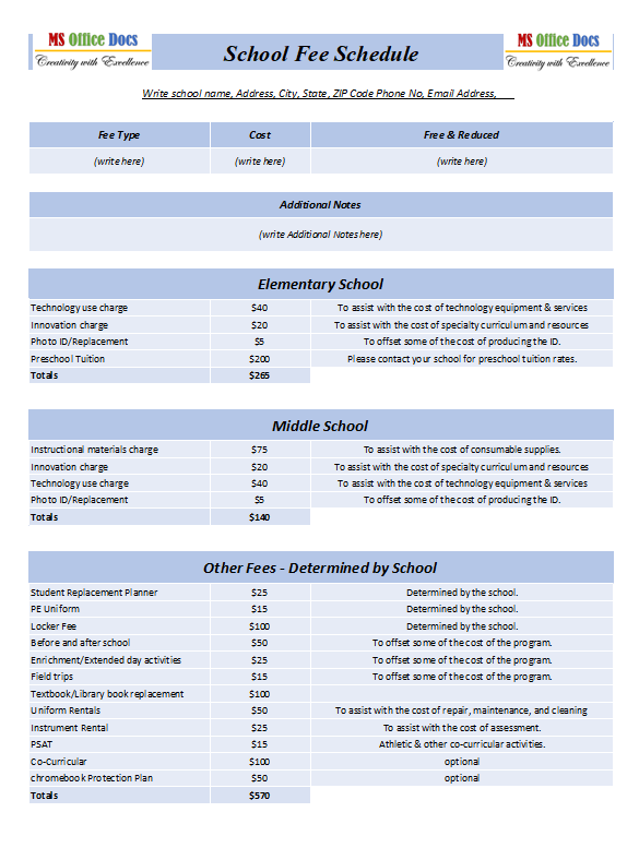 11 Free School Fee Schedule Templates MS Office Documents 11 Free School Fee Schedule Templates MS Office Documents